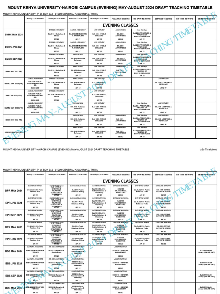 Evening May-August 2024 Draft Teaching Timetable | PDF | Writing ...