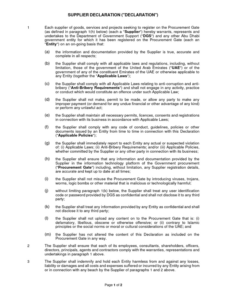 Supplier Declaration | PDF | United Arab Emirates | Common Law