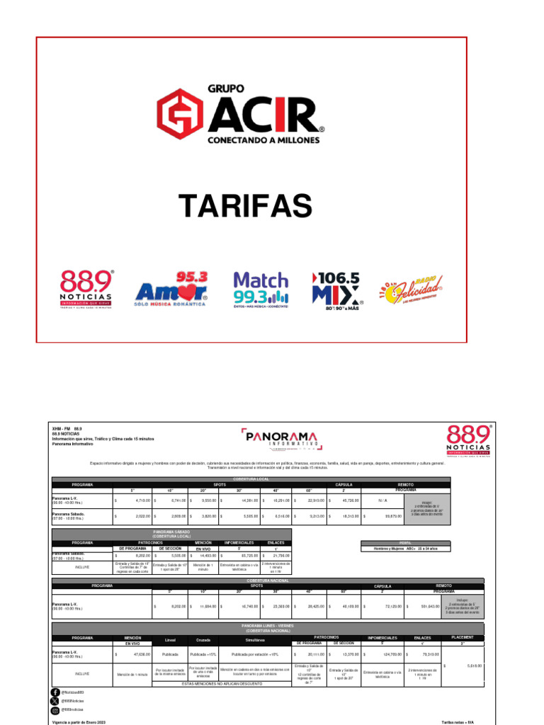 Tarifas Radio Grupo Acir V | Descargar gratis PDF | Formatos de medios | Radiodifusión