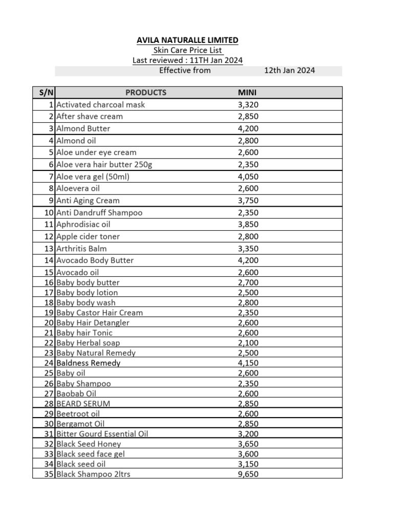 New Skincare Price List-2024 - Mini | PDF | Shampoo