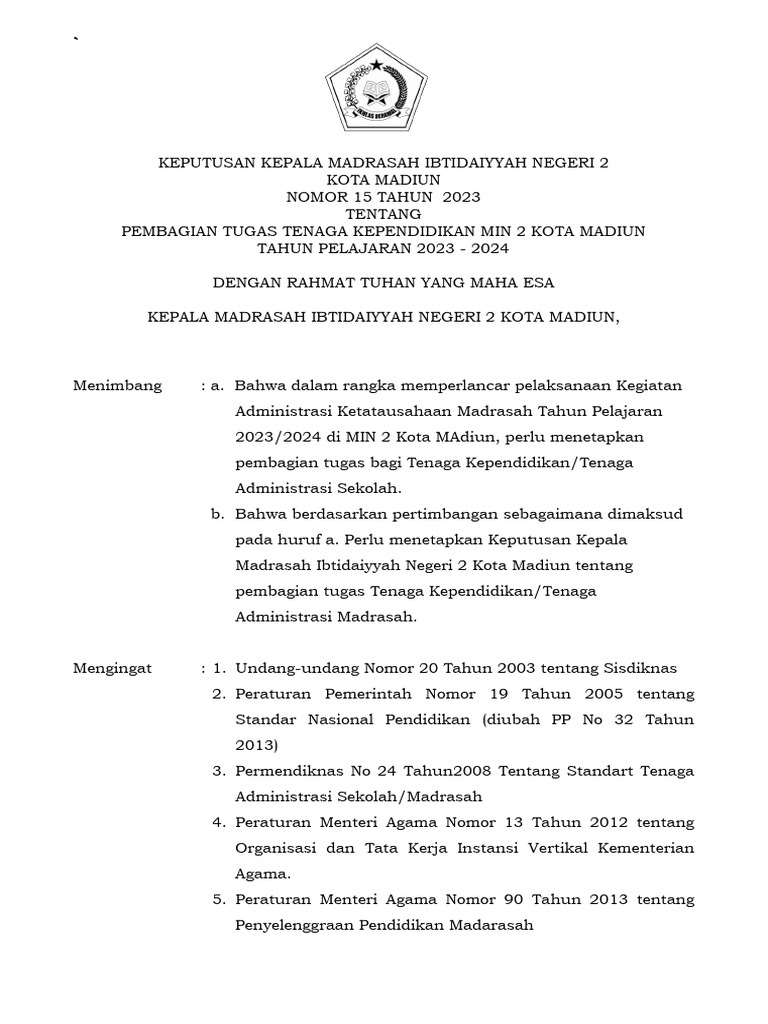 SK Pembagian Tugas Tendik 2023-2024 | PDF