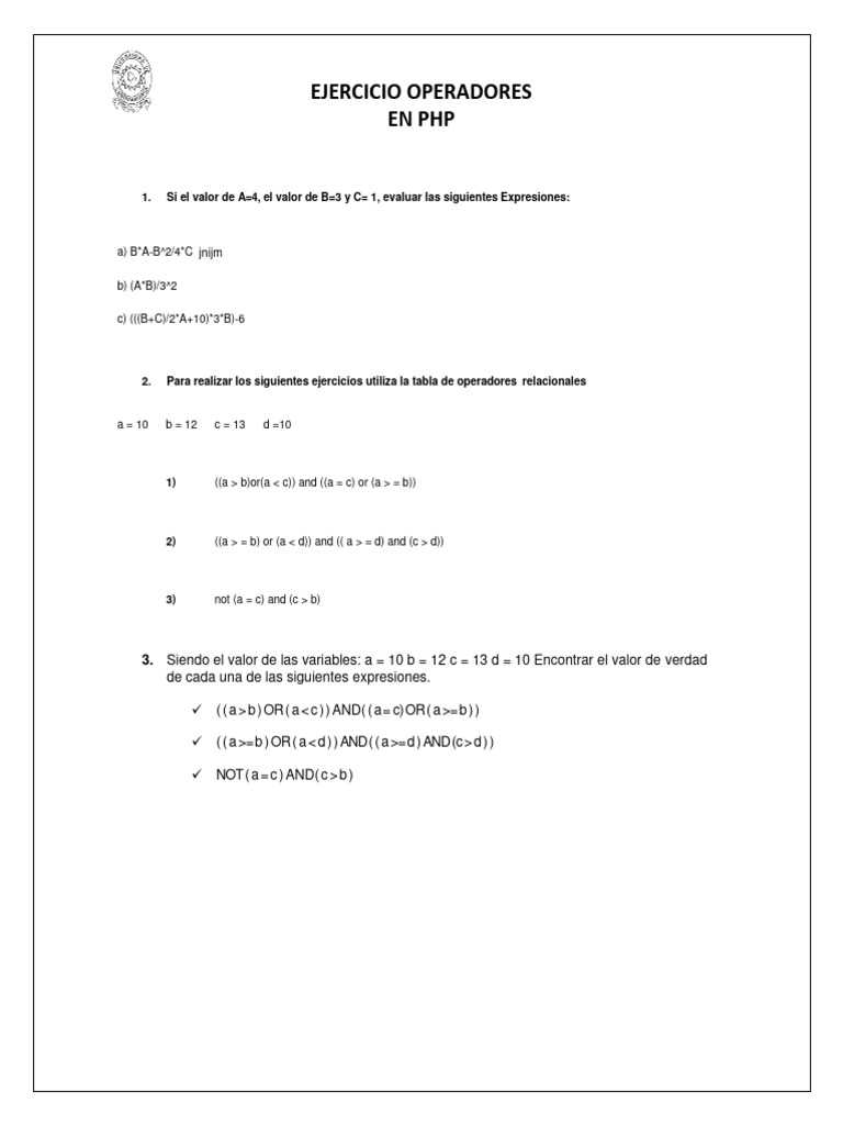 Ejercicio Operadores en PHP | PDF