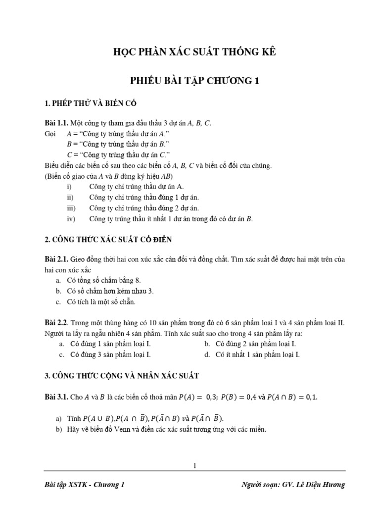 XSTK - Phieu Bai Tap - Chuong 1 | PDF