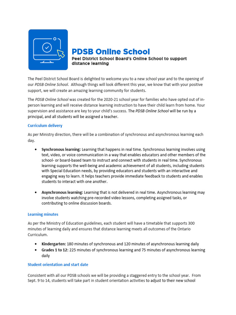 Information about PDSB Online School Orientation Week | PDF | Distance Education | Teachers