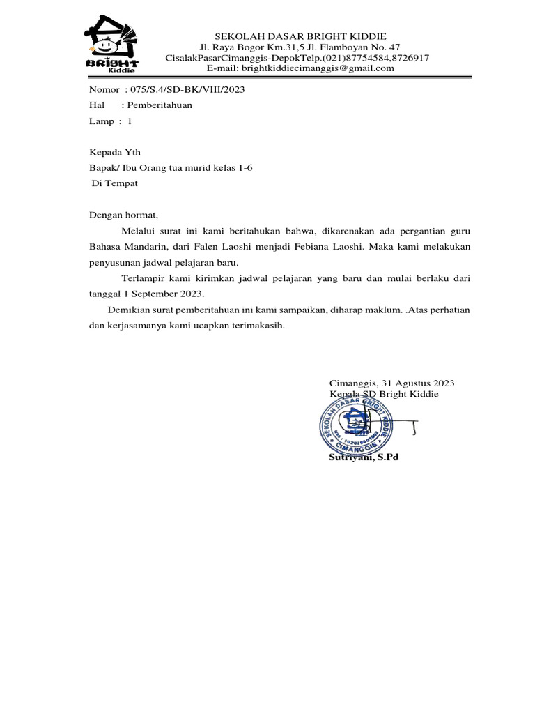 Surat Perubahan Jadwal Pelajaran | PDF