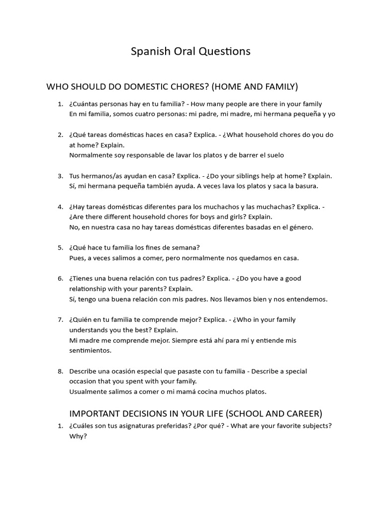 Spanish Oral Questions | PDF | Artes del lenguaje y disciplina ...