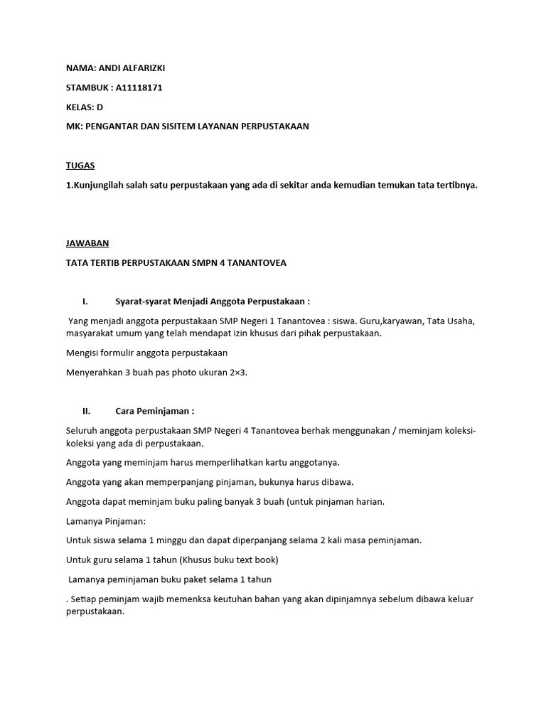 Tugas MK Perpustkaan Andi Alfarizki A11118171 | PDF | Griya & Taman