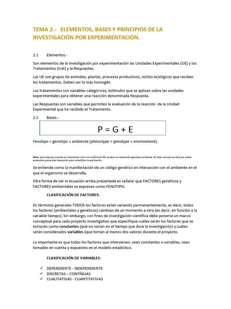Tema 2 Elementos, Bases y Principios de La Experimentación | PDF ...