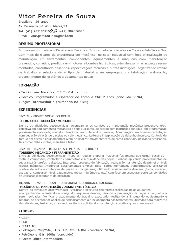 CV Vitor Souza | PDF | Máquina-ferramenta