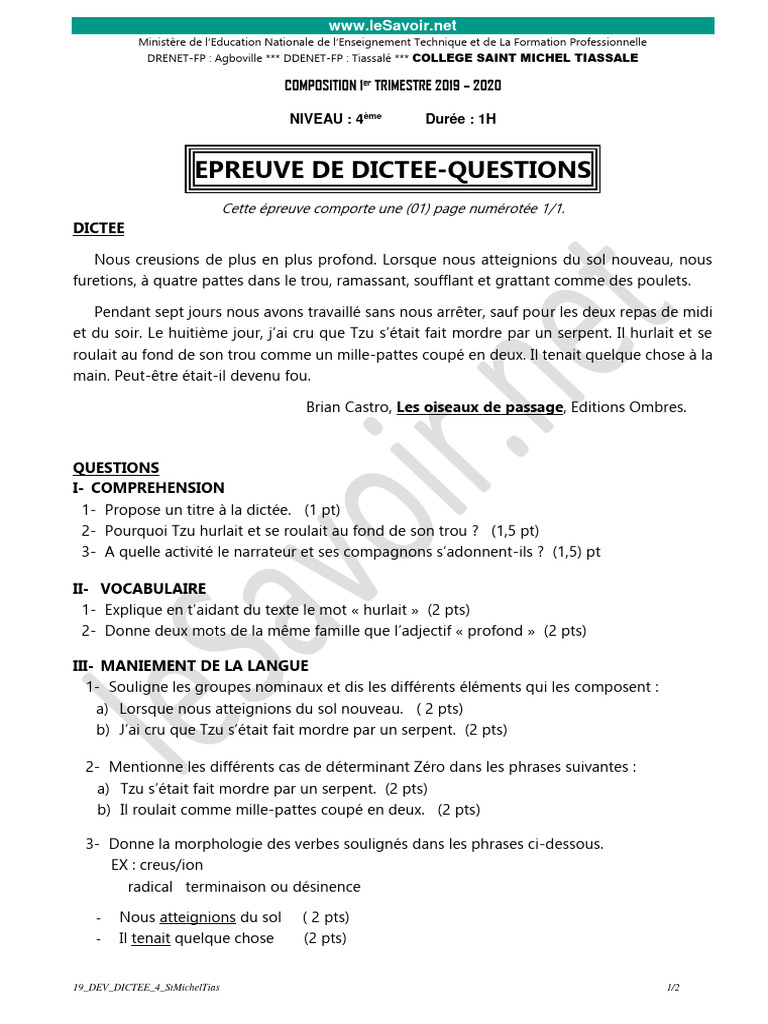 Dictée et questions de français 4ème | PDF | Langues | Études des ...