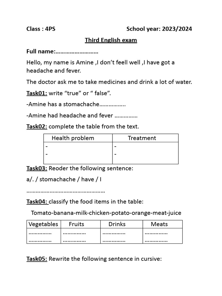 Third English Exam: Health and Food Tasks | PDF
