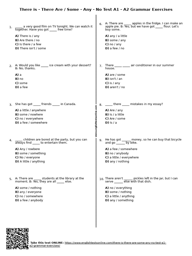 451 - There Is There Are Some Any No Test A1 A2 Grammar Exercises | PDF ...