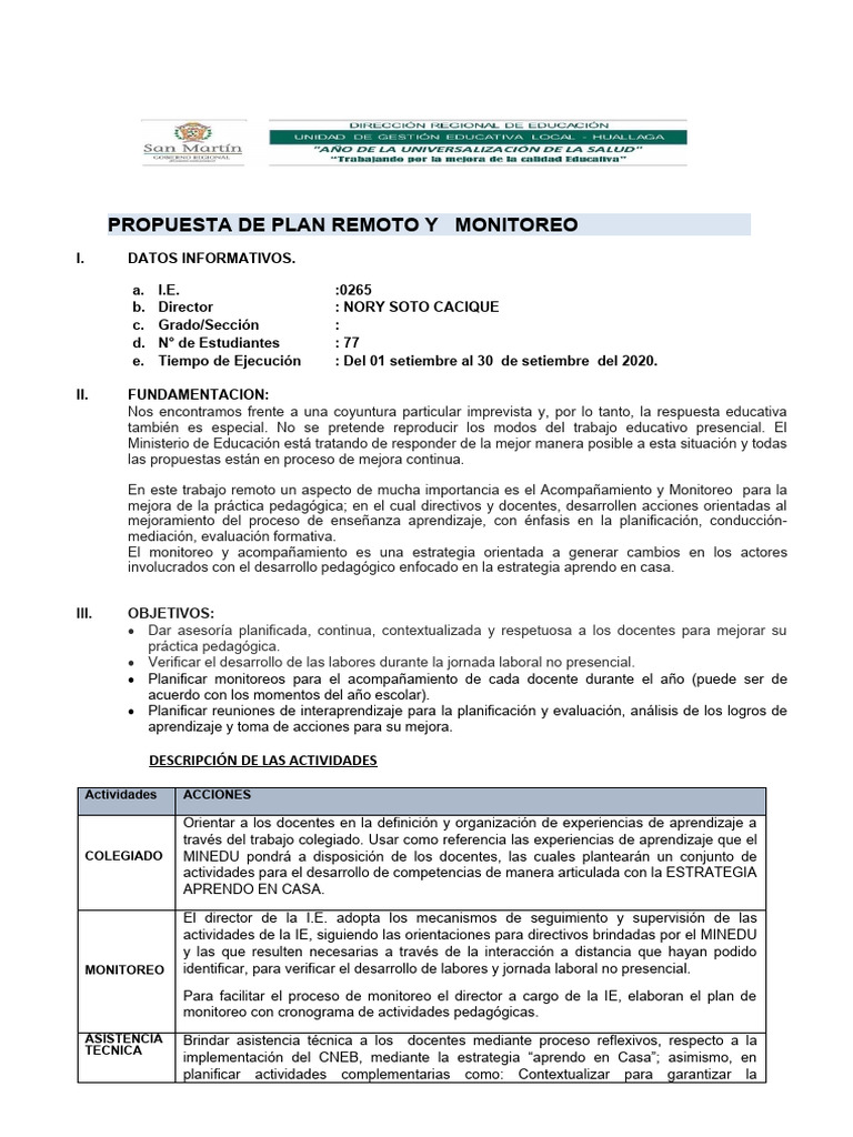I.e.0265 La Perla Propuesta Del Plan de Monitoreo | PDF | Enseñando | Maestros