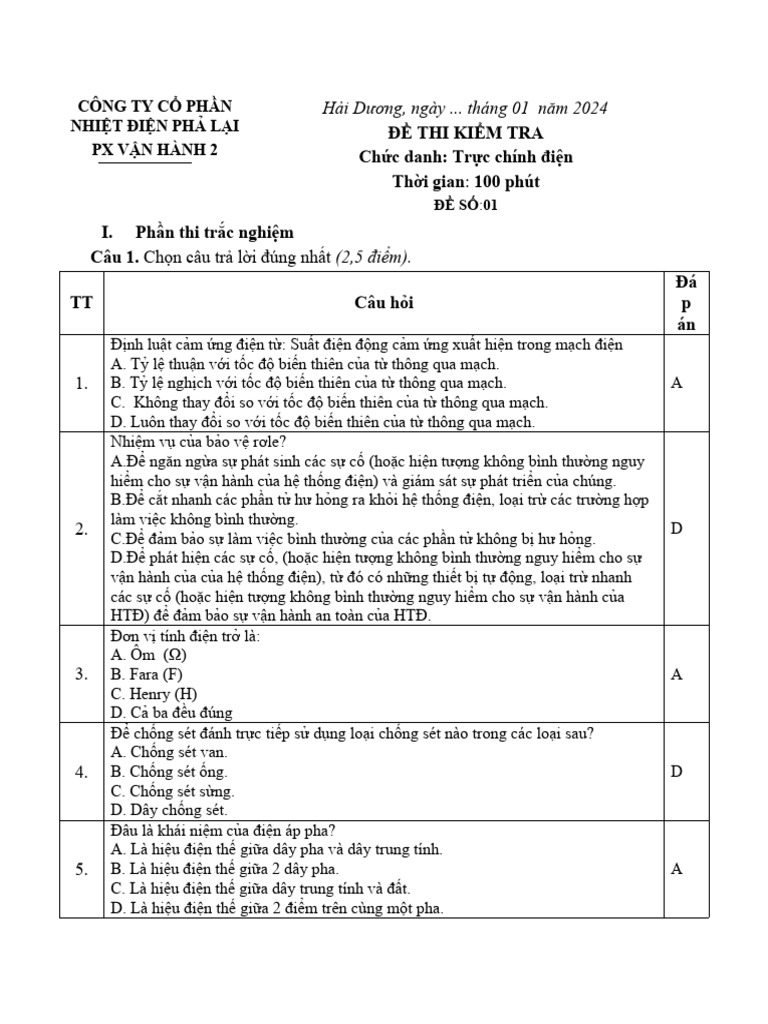 ĐỀ THI CD TCĐ ĐỀ 1 | PDF