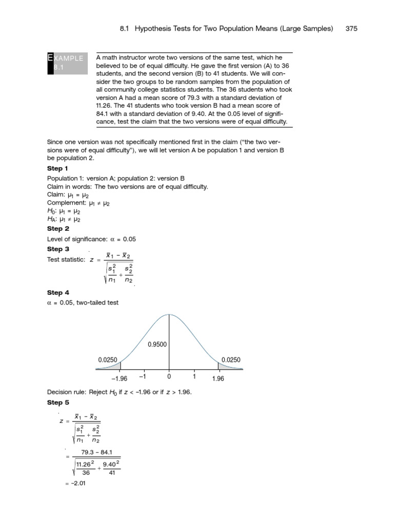 Xample 8 - 1: 8.1 Hypothesis Tests For Two Population Means (Large ...