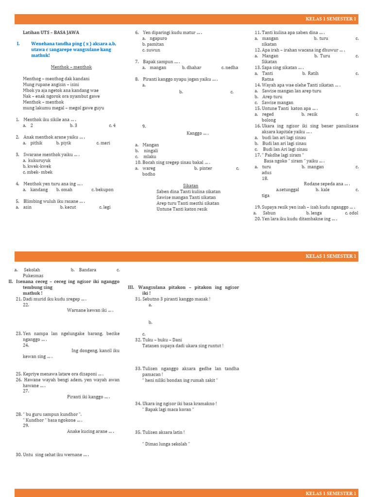 Latihan UTS Kelas 1 Basa Jawa | PDF