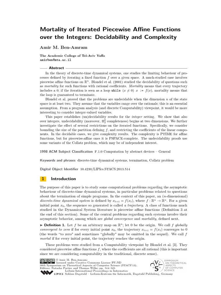 Mortality of Iterated Piecewise Affine Functions Over The Integers, Decidability and Complexity ...