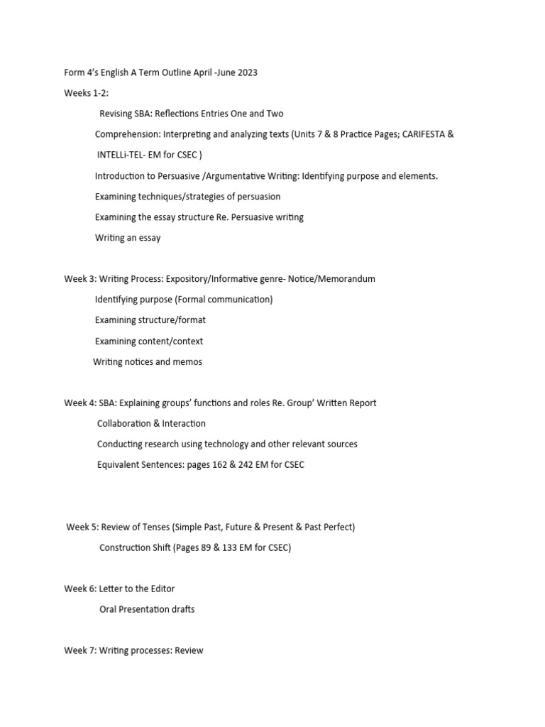 Form 4 English A Term 3 Outline 2023 | PDF