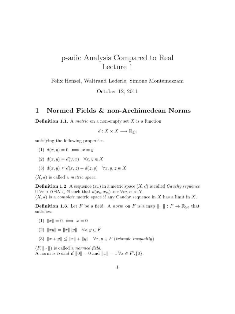P-Adic Analysis Compared To Real, Lecture 1 - F. Hensel, W. Lederle, S. Montemezzani | PDF ...