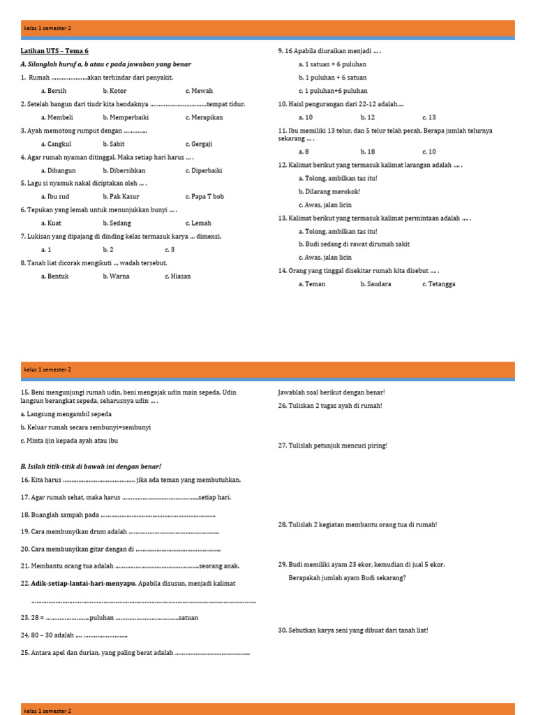 Kelas 1 - TEMATIK Latihan UTS UAS - Semester 2 | PDF