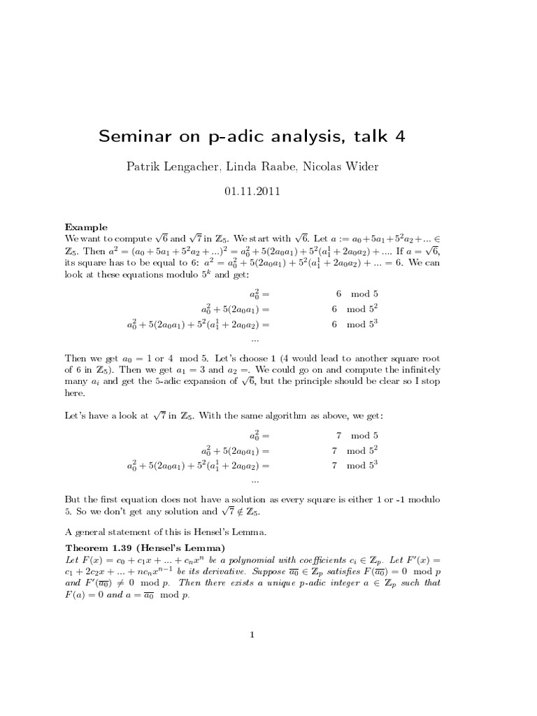P Adic Analysis Compared To Real Lecture 4 P Lengacher L Raabe N Wider Pdf Ring
