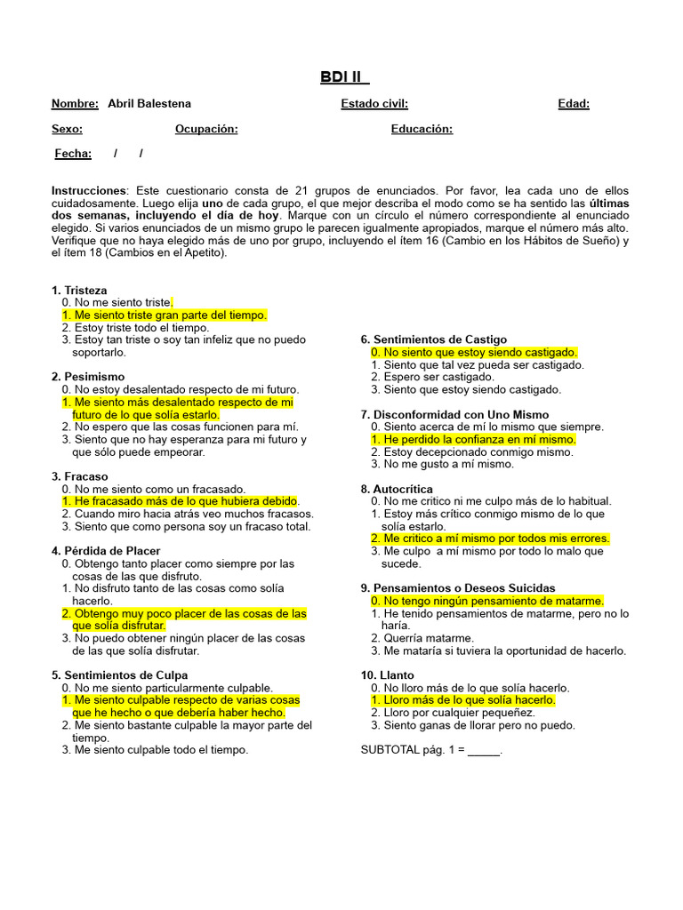 BDI II (Inventario de Depresión de Beck) - Abril Balestena | PDF