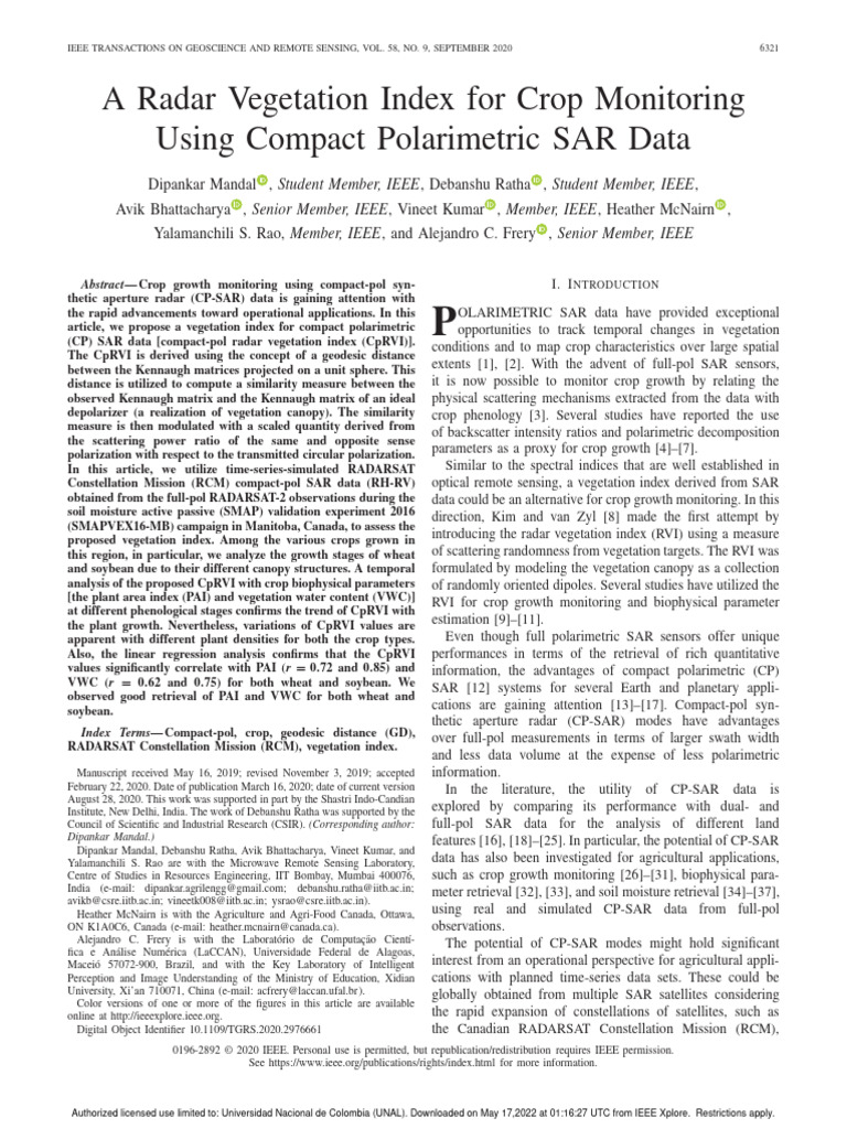 A Radar Vegetation Index For Crop Monitoring Using Compact Polarimetric ...