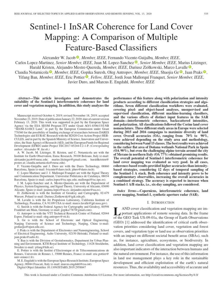 Sentinel 1 Insar Coherence For Land Cover Mapping A Comparison Of Multiple Feature Based