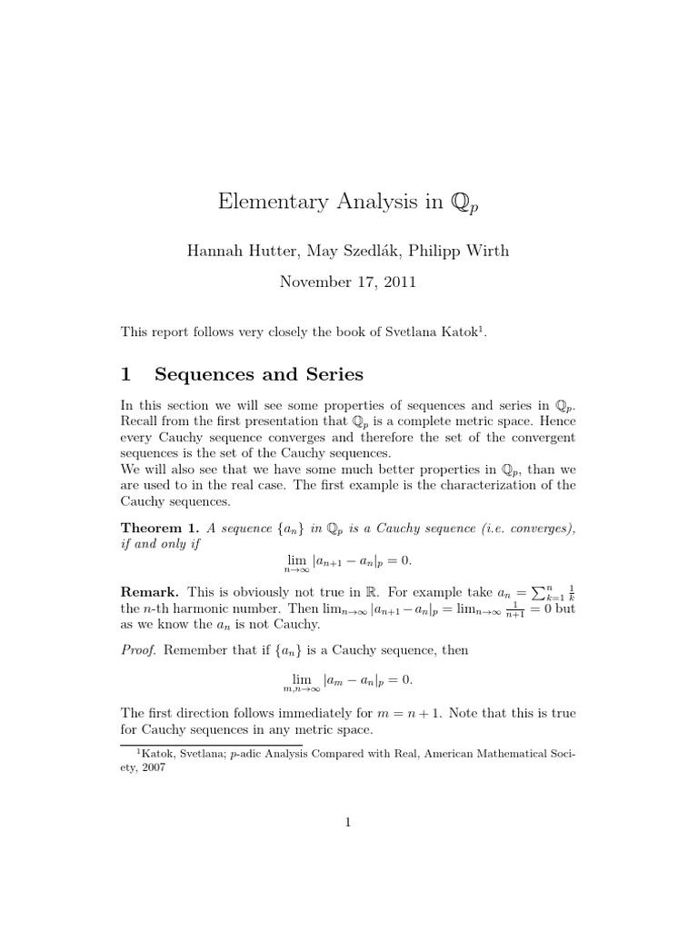 P-Adic Analysis Compared To Real, Lecture 6, Elementary Analysis in QP - H. Hutter, M. Szedlák ...