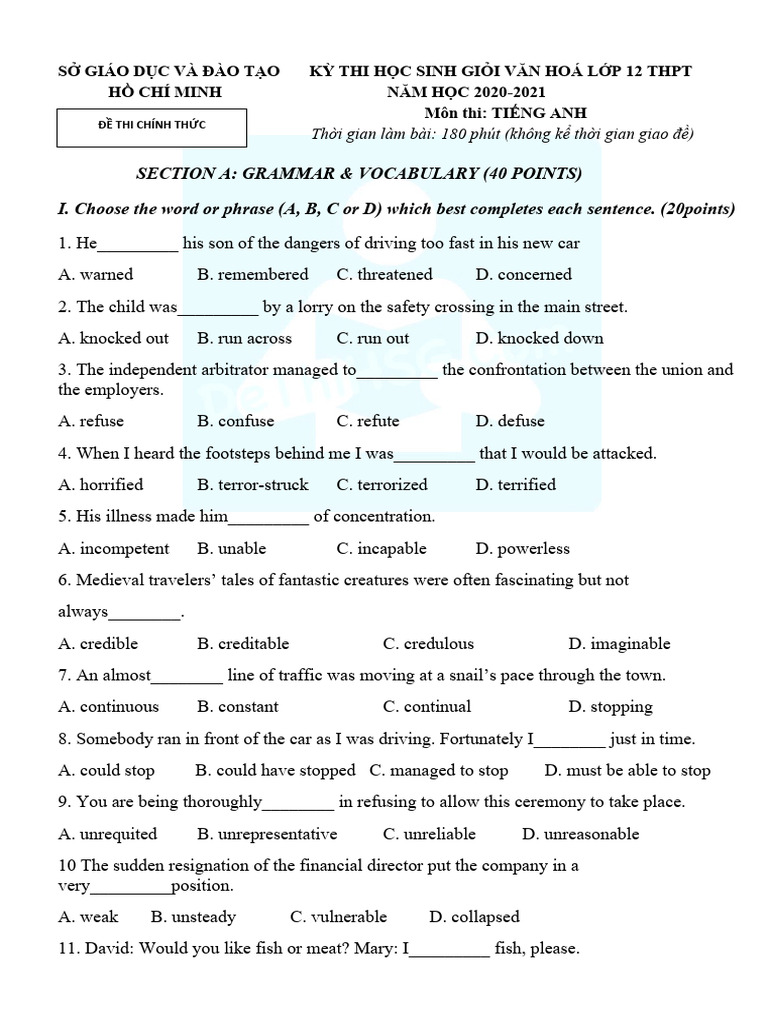 HSG 12 HCM 2020-2021 | Download Free PDF | English Language | Ecology