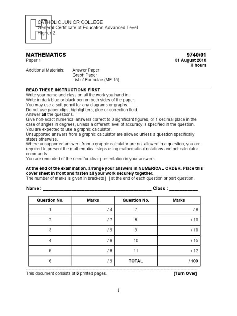 2010 H2 Math Paper 1 Exam | PDF | Equations | Cartesian Coordinate System