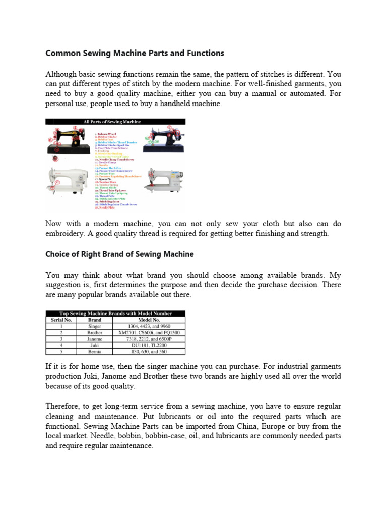 Common Sewing Machine Parts and Functions | PDF | Sewing Machine | Sewing