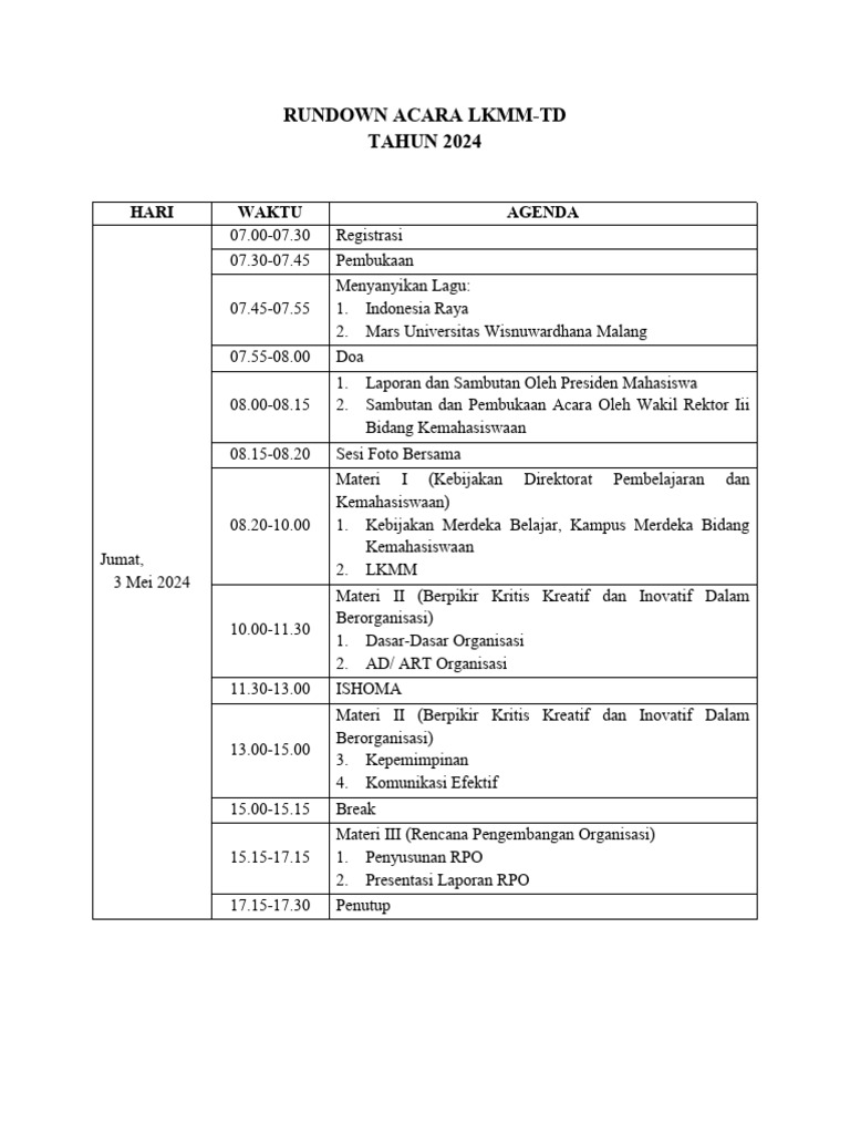 RUNDOWN ACARA LKMMTD | PDF