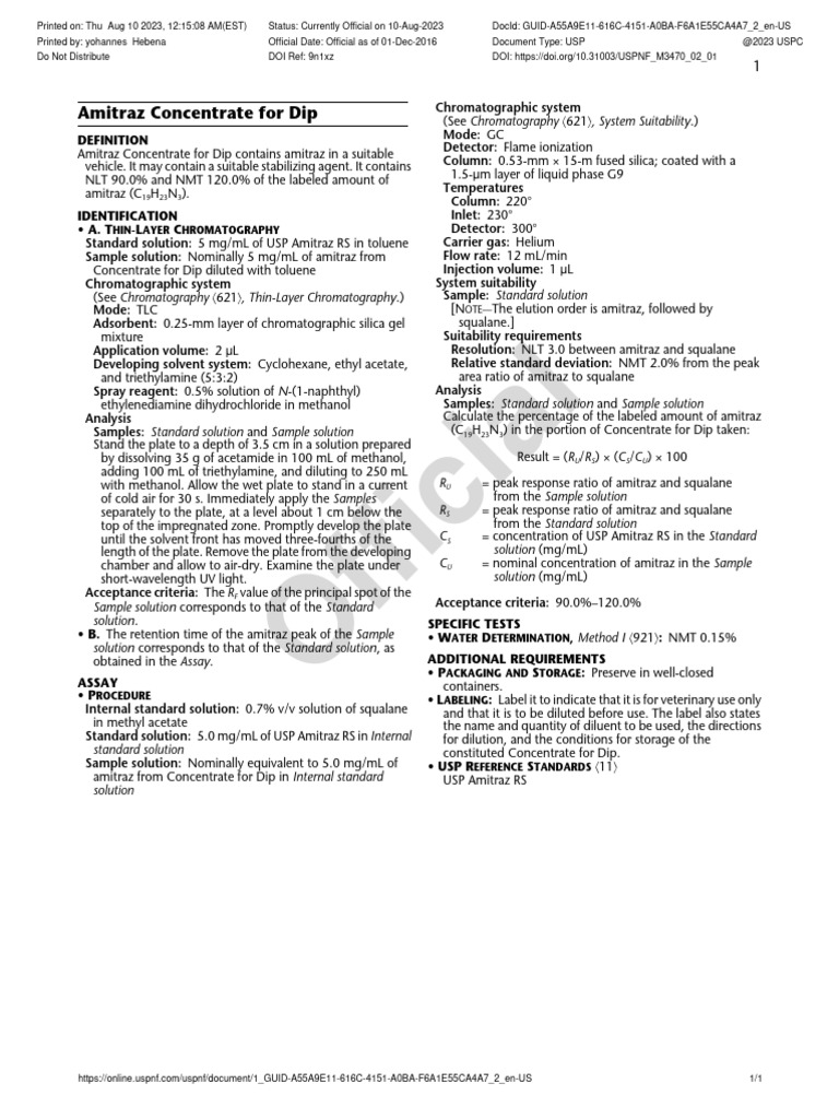 Amitraze Concentrate Usp | PDF | Chromatography | Thin Layer Chromatography