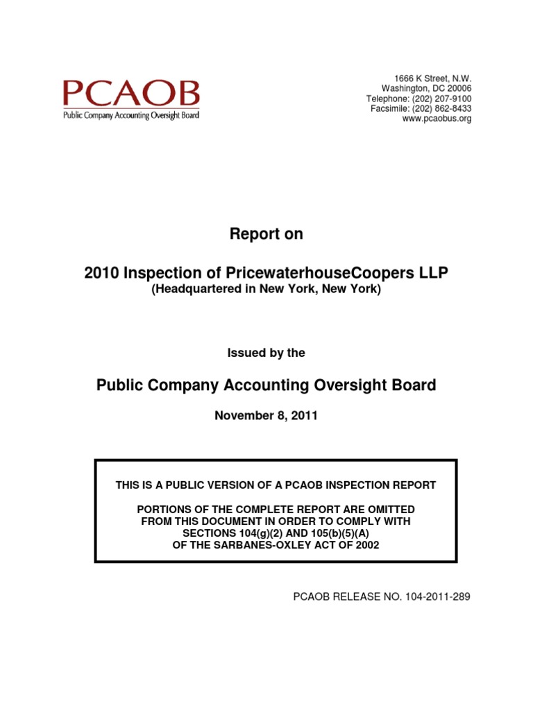 2010 PCAOB Inspection of PwC Report | PDF | Audit | Auditor's Report
