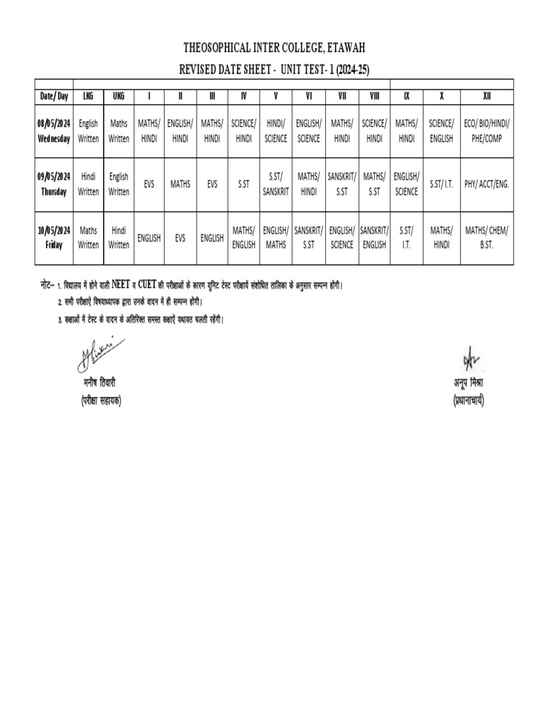 Revised Unit Test Date Sheet 2024-25 | PDF