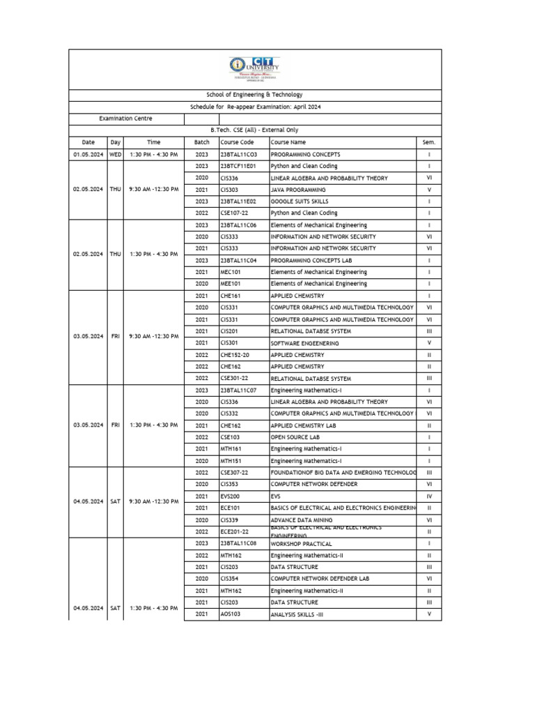 Examination Schedule - Re-Appear Examination - B.tech-CSE | PDF ...