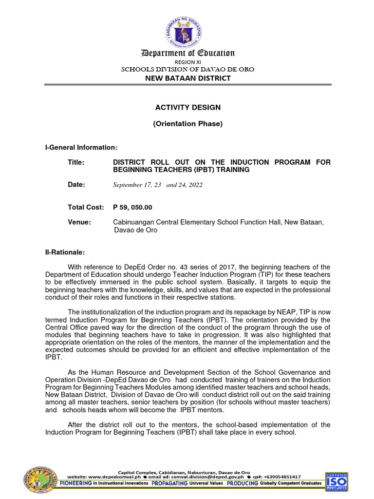 ACTIVITY DESIGN District Roll Out On The Induction Program For ...