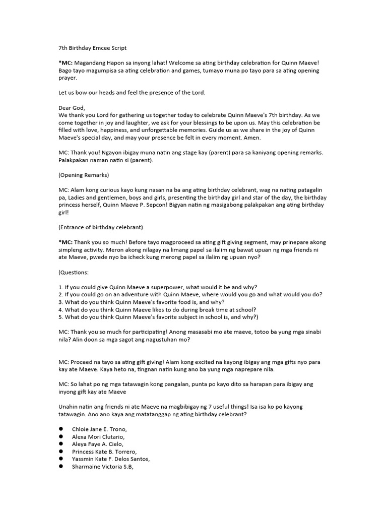 7th Birthday Emcee Script | PDF