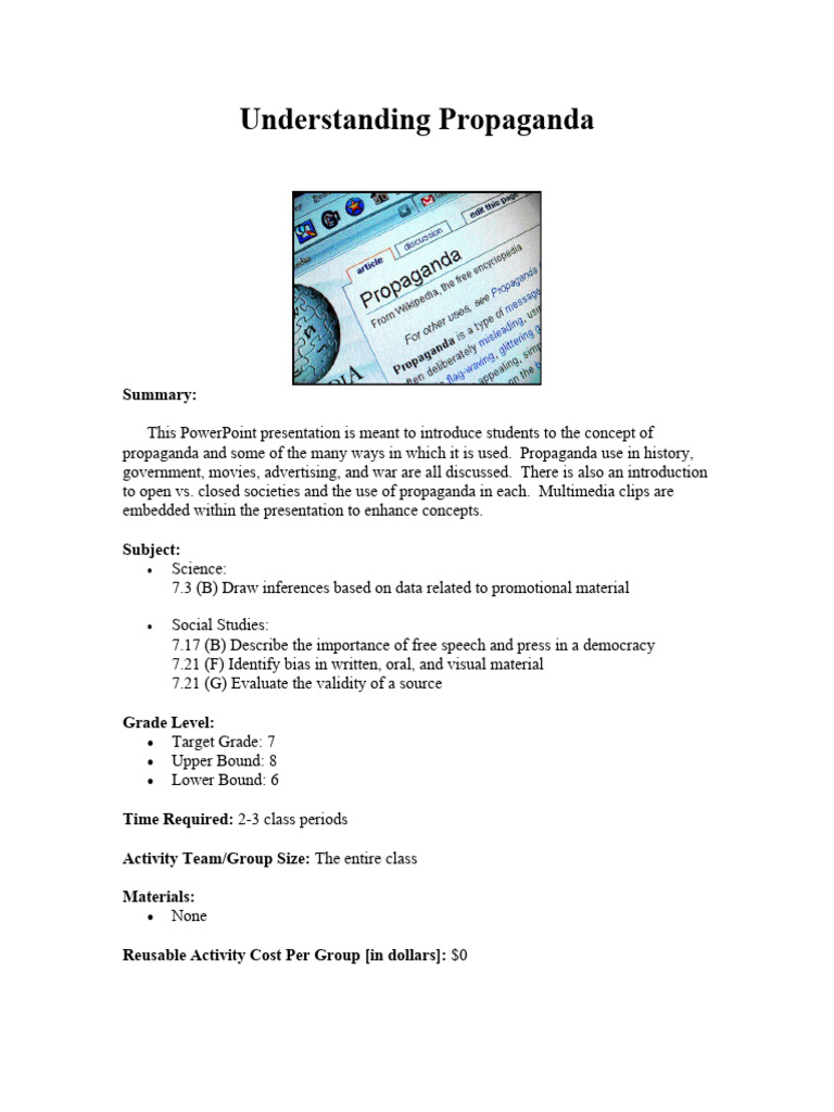 Understanding Propaganda Lesson Plan | PDF | Propaganda | Multimedia