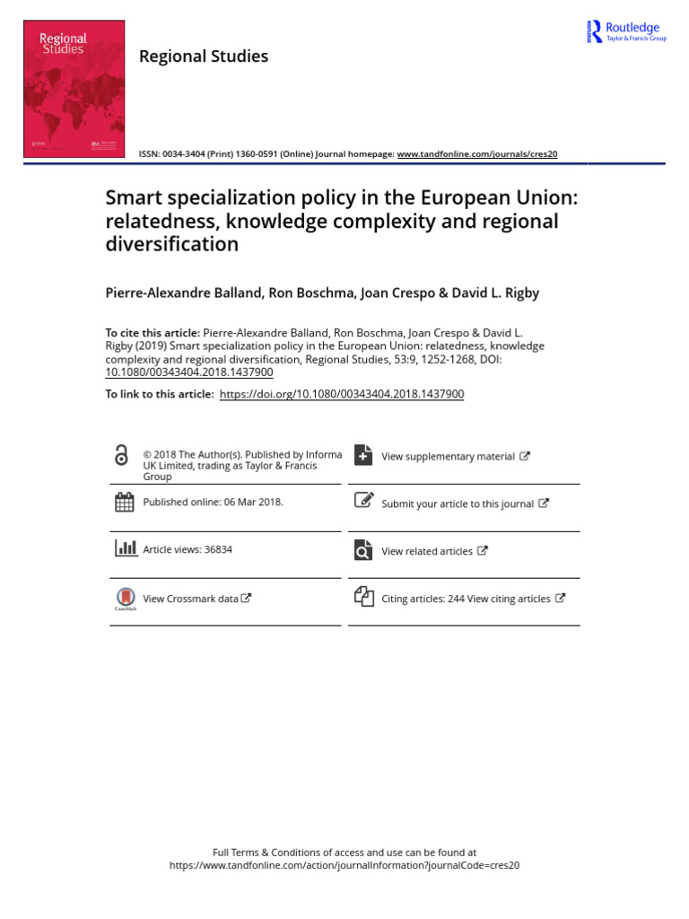 Smart Specialization Policy in The European Union Relatedness Knowledge Complexity and Regional ...
