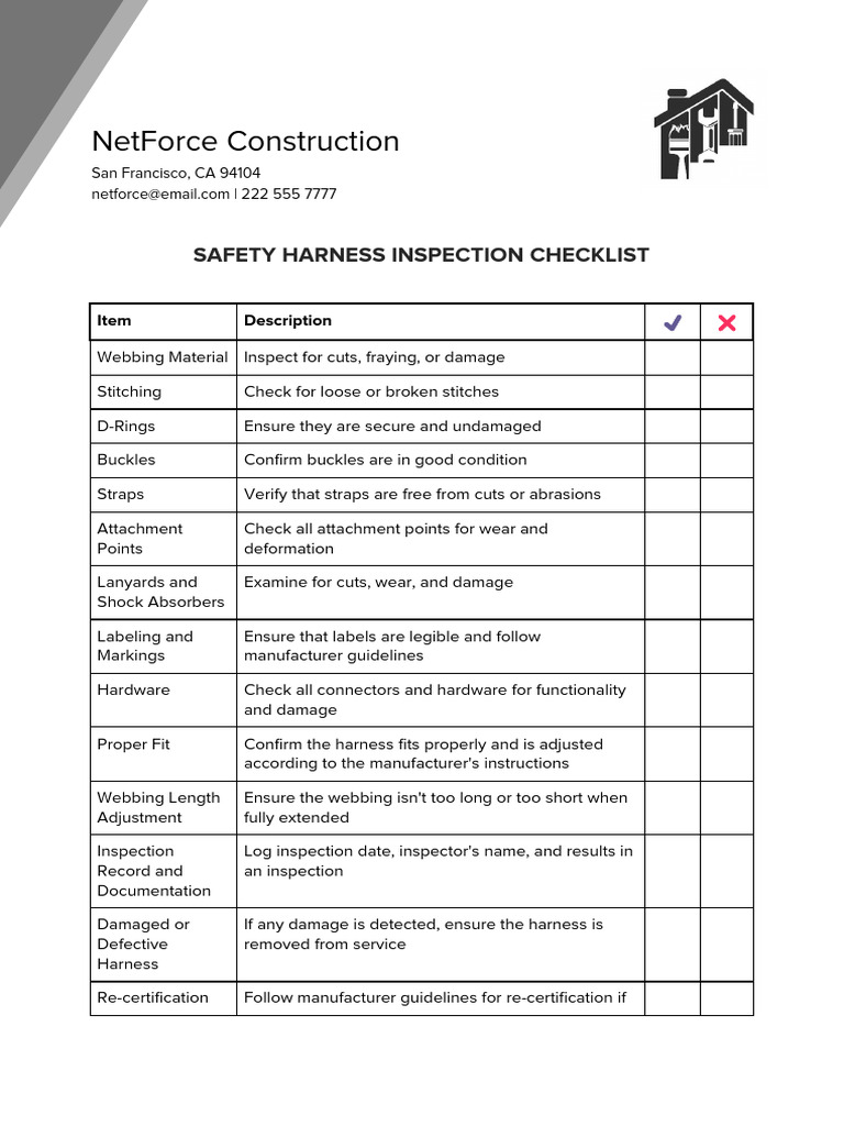 Safety Harness Inspection Checklist Template | PDF | Technology ...