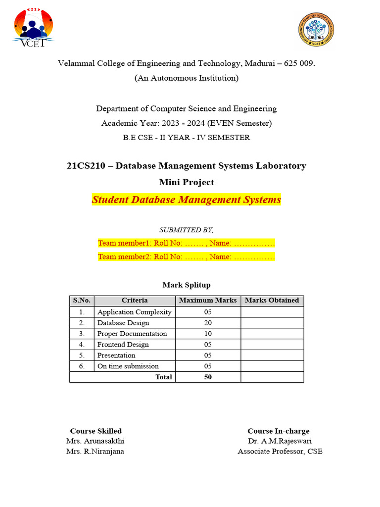 21CS210 - DBMS-Lab-Mini Project-Template | PDF | Databases | Data Management