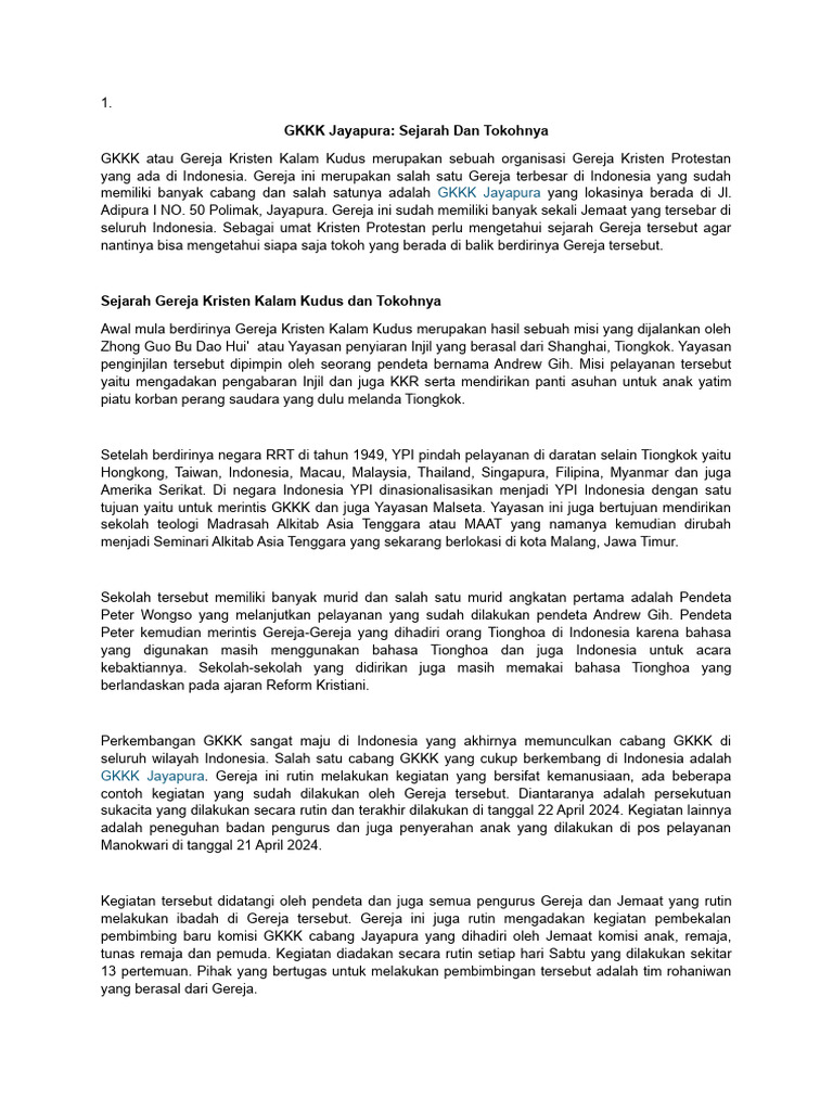 GKKK Jayapura: Sejarah Dan Tokohnya | PDF