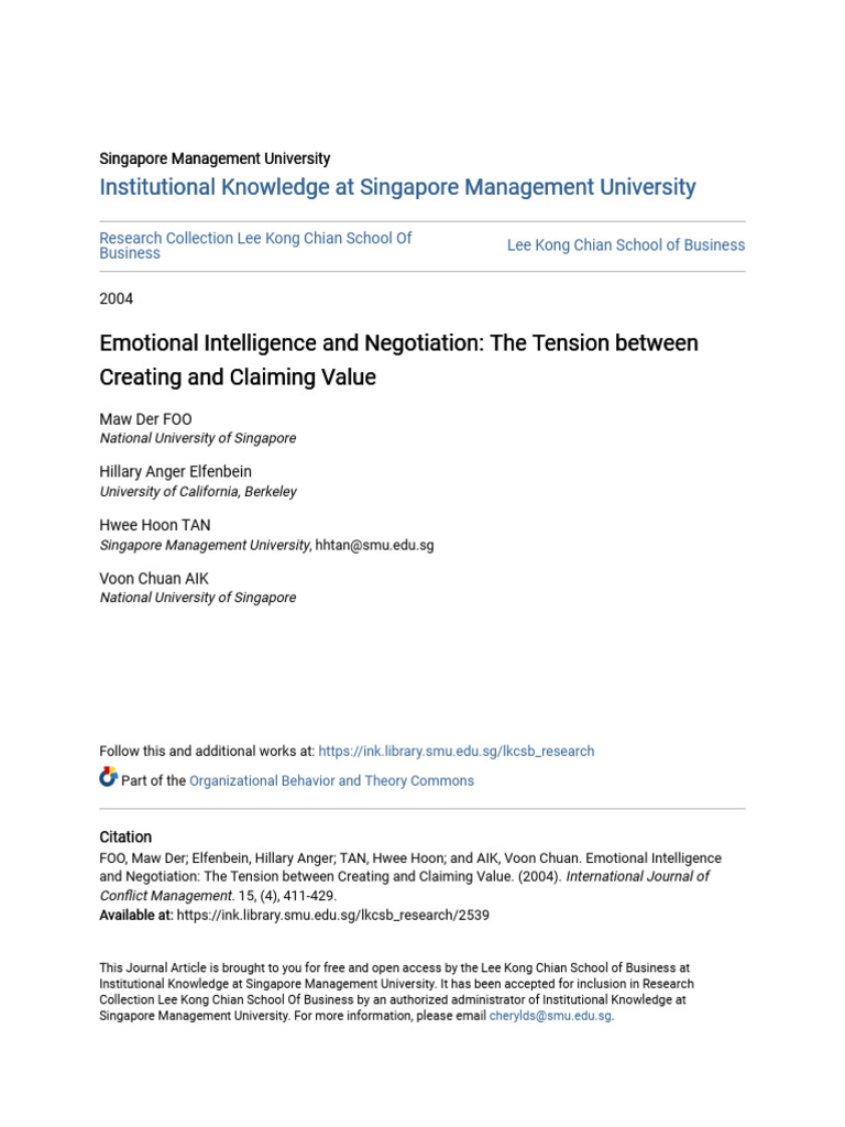 Emotional Intelligence and Negotiation - The Tension Between Creat | PDF | Negotiation ...