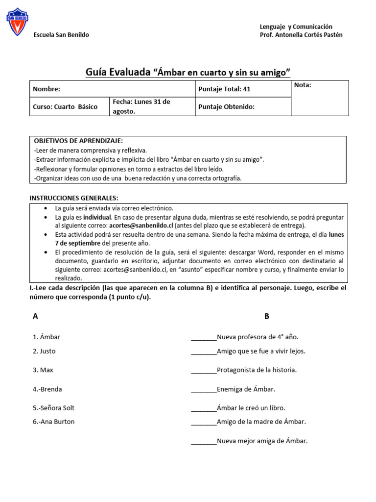 Guía Libro Ámbar en Cuarto y Sin Su Amigo 4° Básico Lunes 31 de Agosto | PDF
