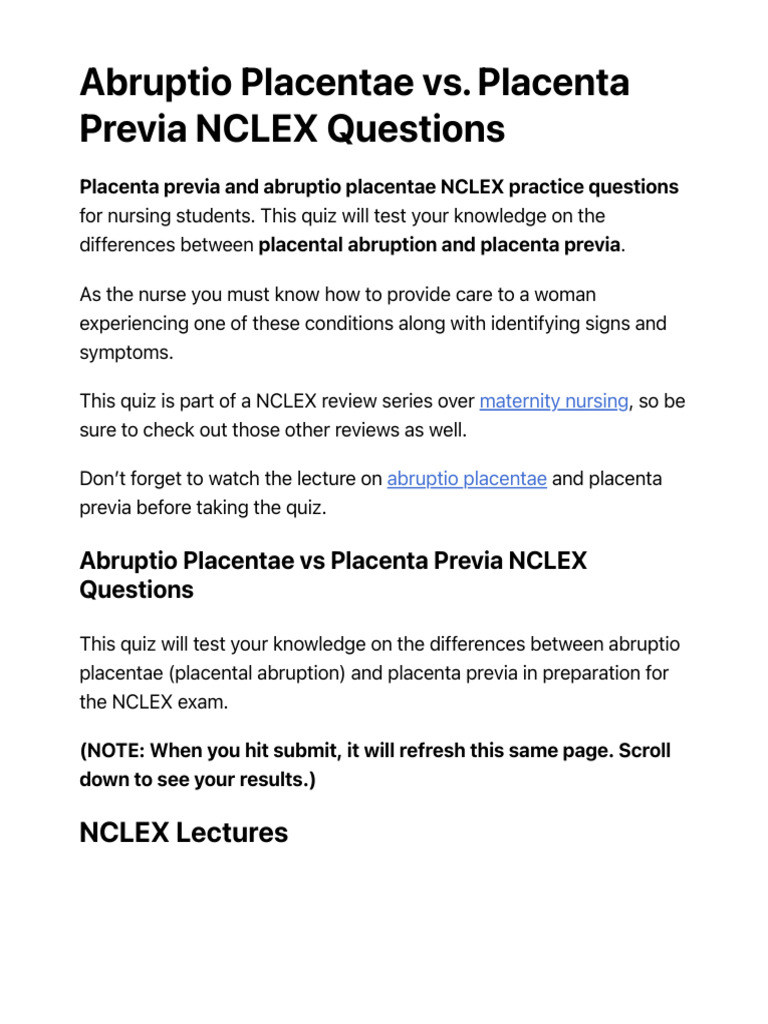 Abruptio Placentae Vs Placenta Previa Nclex Questions Pdf