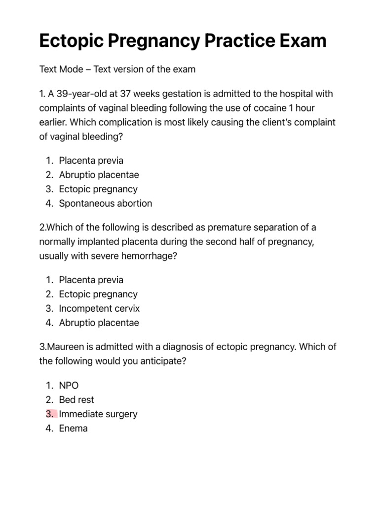Ectopic Pregnancy Practice Exam Guide | PDF | Pregnancy | Miscarriage