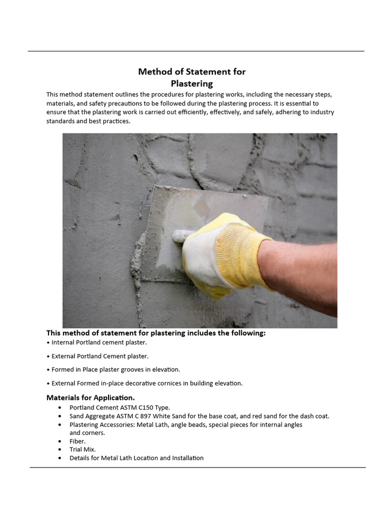 Method of Statement For Plastering | PDF | Plaster | Concrete