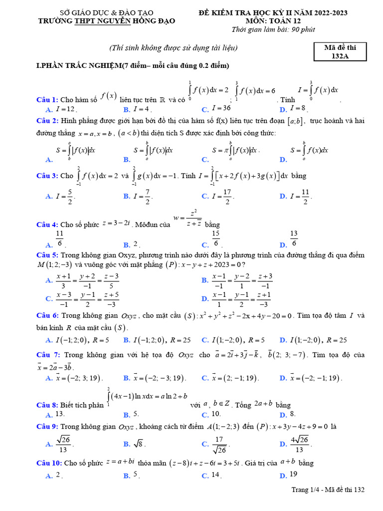 De Hoc Ky 2 Toan 12 Nam 2022 2023 Truong THPT Nguyen Hong Dao Binh Dinh | PDF